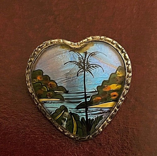 Vintage Silver Metal Butterfly Wing Pin Brooch Tropical Scene Palm Tree ...