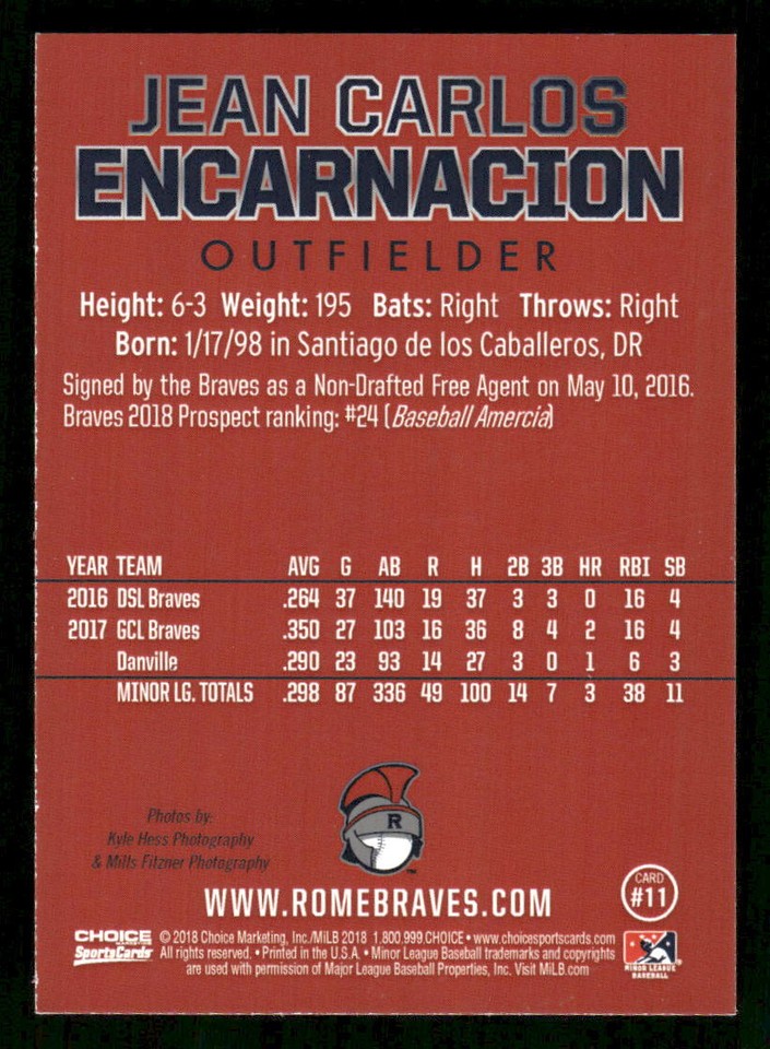 2018 Choice Rome Braves Jean Carlos Encarnacion IP Auto Signed #11 Card ...