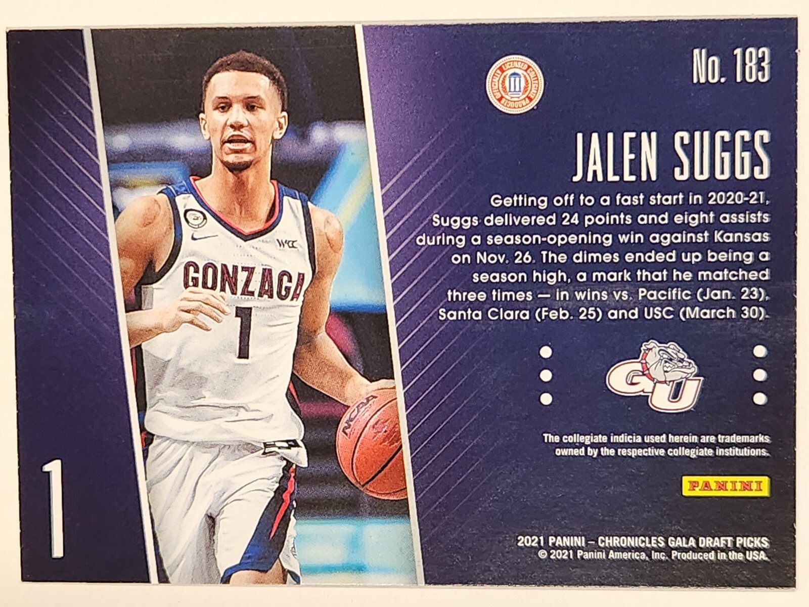 Jalen Suggs Rookies 1 RC 2021 Gala Draft Picks #183 Gonzaga Bulldogs ...