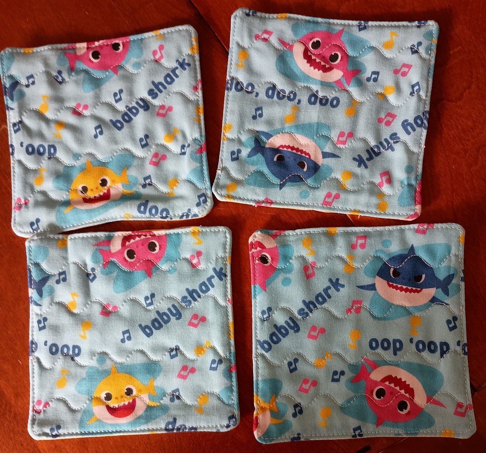 4 BABY SHARK Coasters Mug Rugs 4.5" x 4.5" Quilted & Hand Made "doo ...