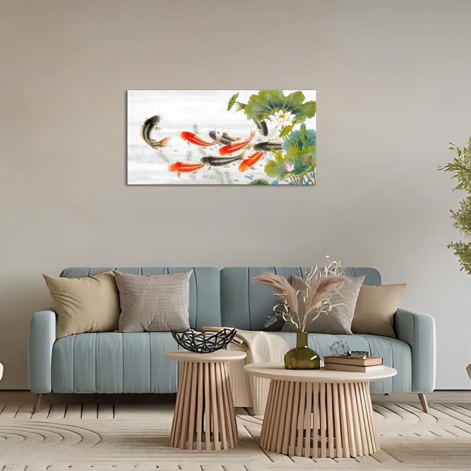 Nine Koi Fish Canvas Wall Art Feng Shui Lucky Carp Lotus Flower Leaves ...