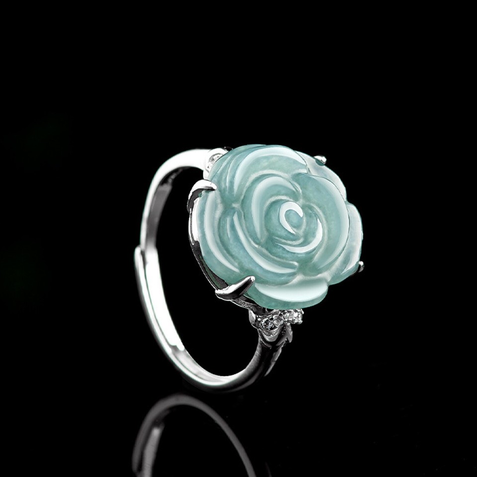 Real 925 Sterling Silver Band Natural A Grade Jade Jadeite Rose Flower ...
