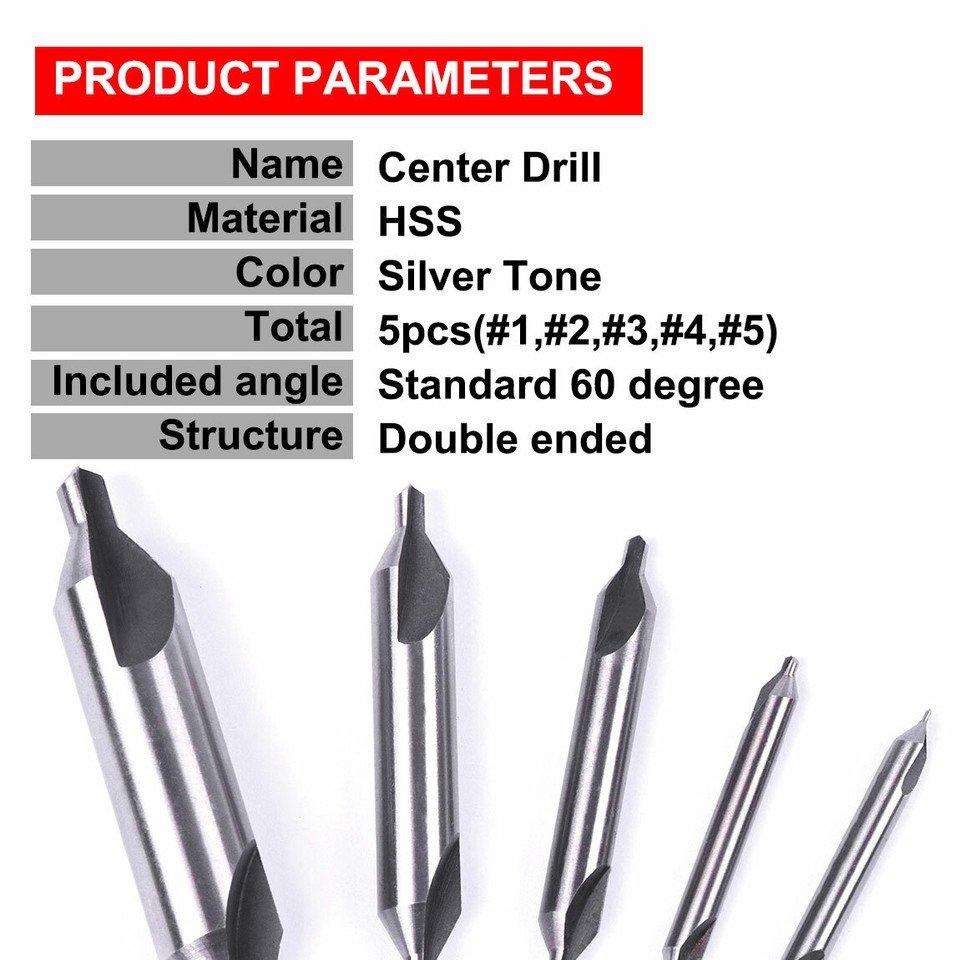 5PCS Center Drill Countersink Pilot Bit Lathe Set Drill Bit HSS Metal ...
