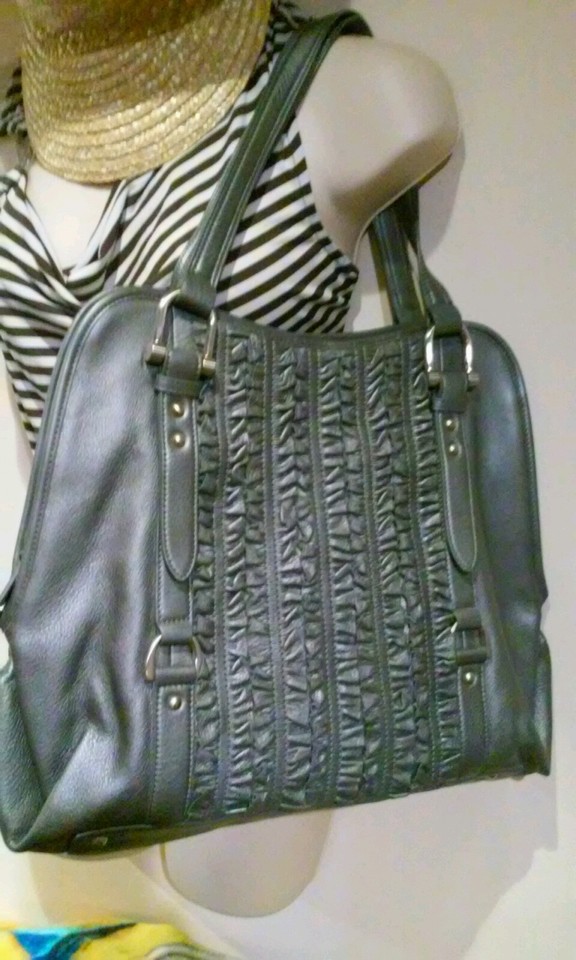 TAHARI GRAY RUFFLED LEATHER HANDBAG SHOULDER BAG | eBay