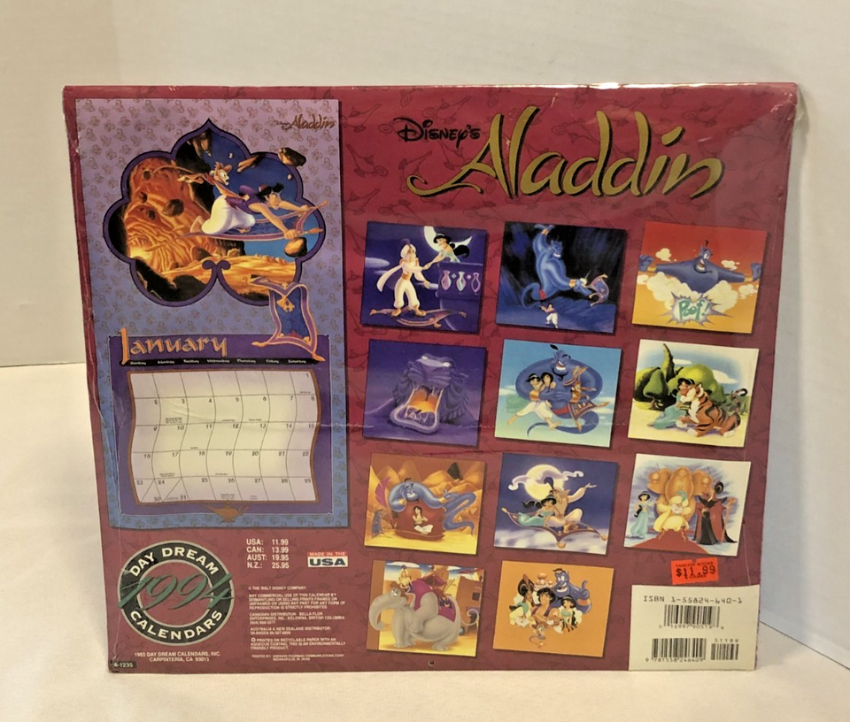 Vintage Disney's Aladdin 1994 16 Month Calendar -Colorful Pictures ...