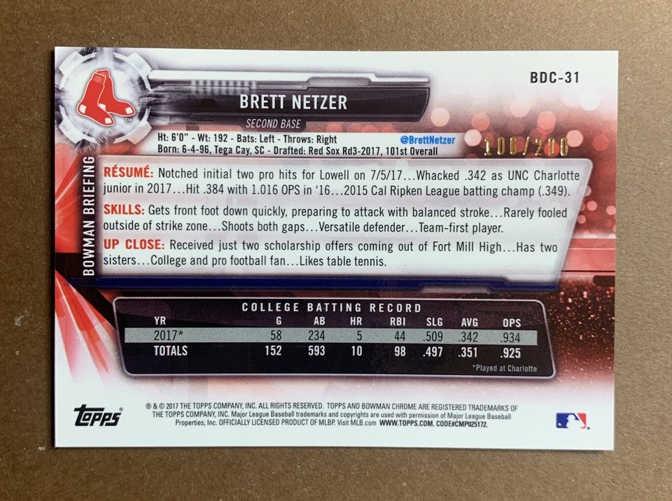 2017 Bowman Draft Chrome Blue Refractor /200 Brett Netzer #BDC-31 ...