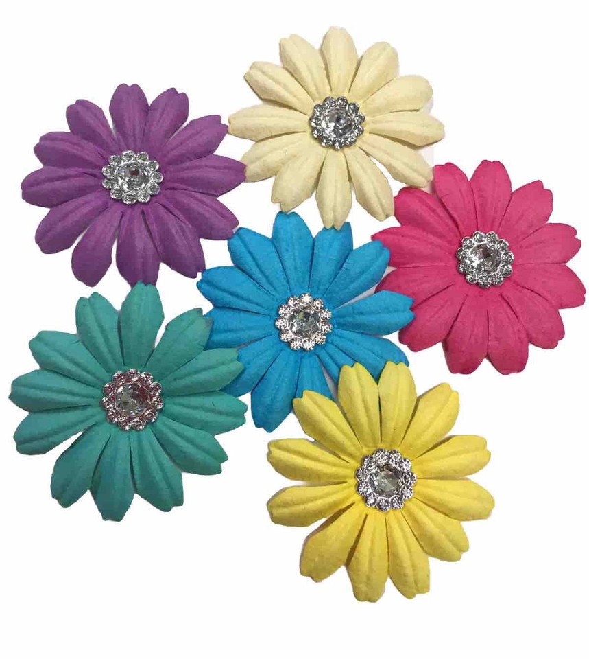 6 Luxury BLING Paper Flowers 2" Mixed Col- Hand Made Card Toppers ...