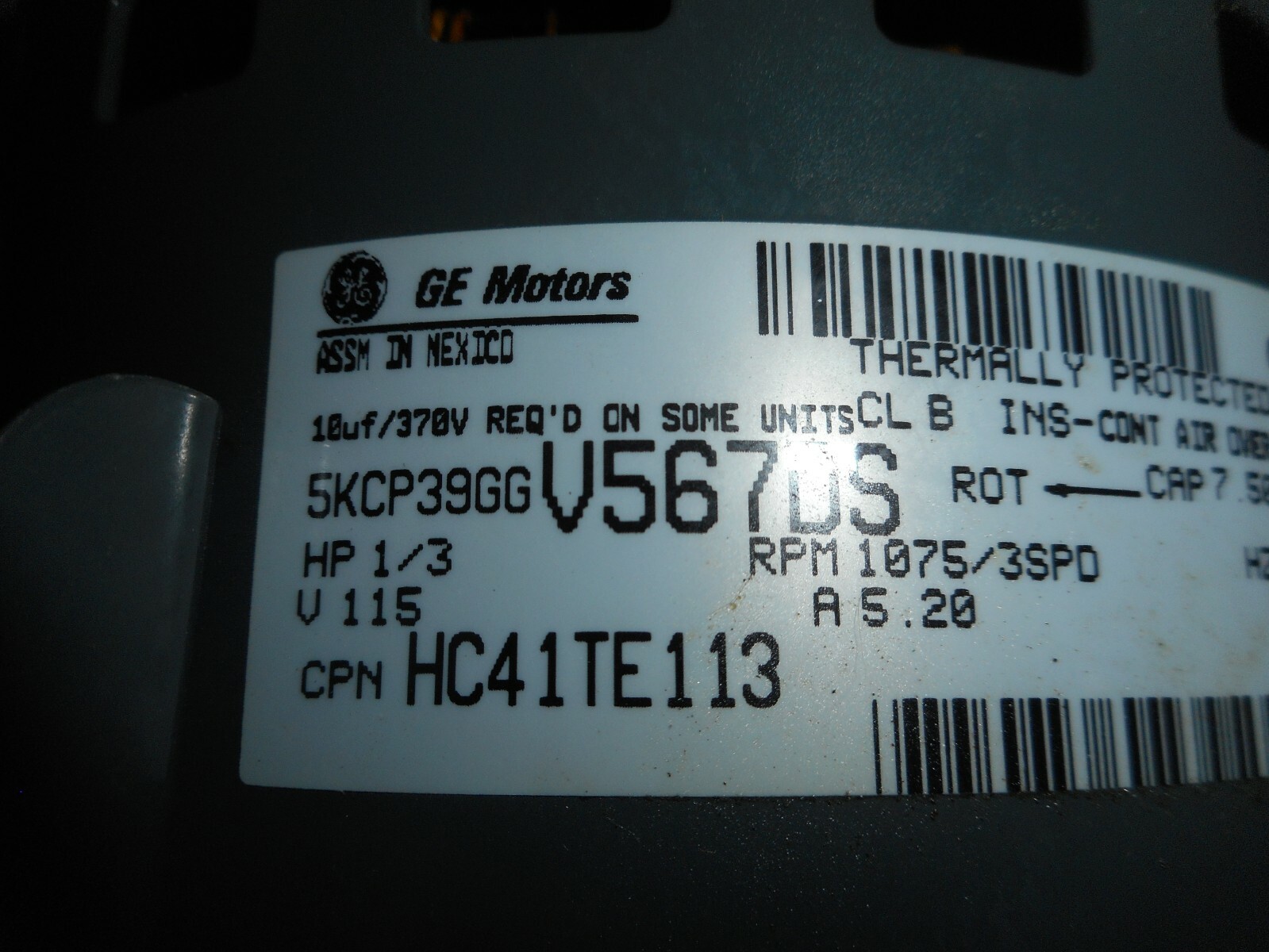 GE Motors 5KCP39GGV567DS Blower Motor 1/3HP 1075RPM 3SPD 115V HC41TE113 ...