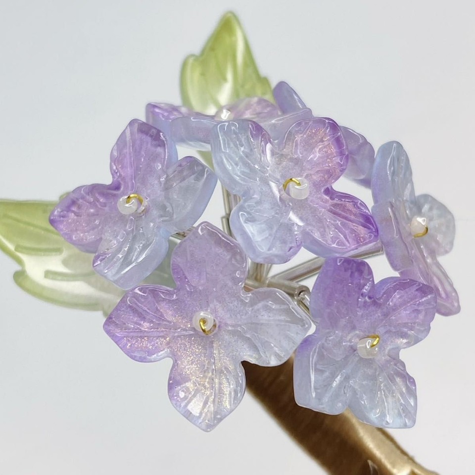 Glass hydrangea wooden hairpin, simple, blue x purple color | eBay
