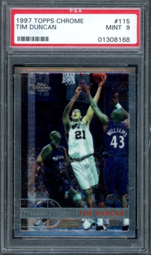 Tim Duncan 1997 Topps Chrome Rookie Basketball Card #115- Graded Mint 9 ...