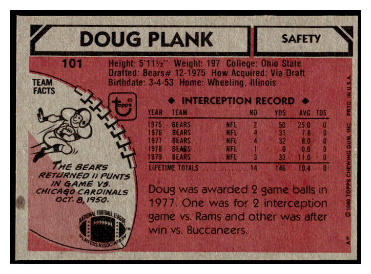 1980 Topps #101 Doug Plank Chicago Bears Excellent | eBay