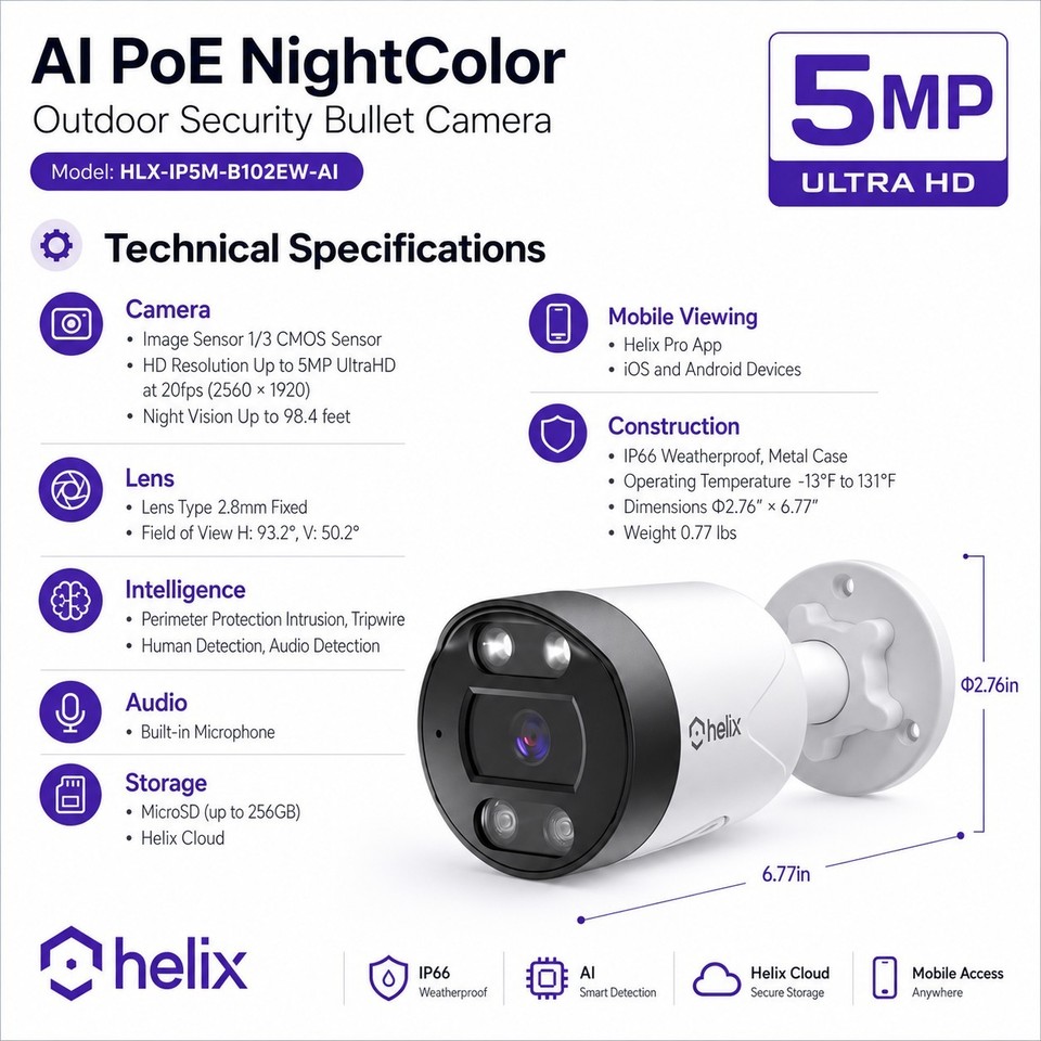 Helix 2PK 5MP PoE IP Bullet Security Cameras Human Detect 2-Way Audio ...