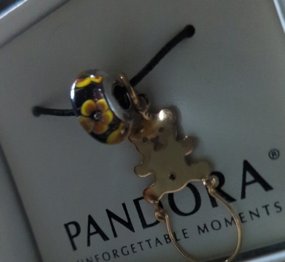 New Authentic Pandora Charm Silver Gold Flower Bead W/New Charmholder ...