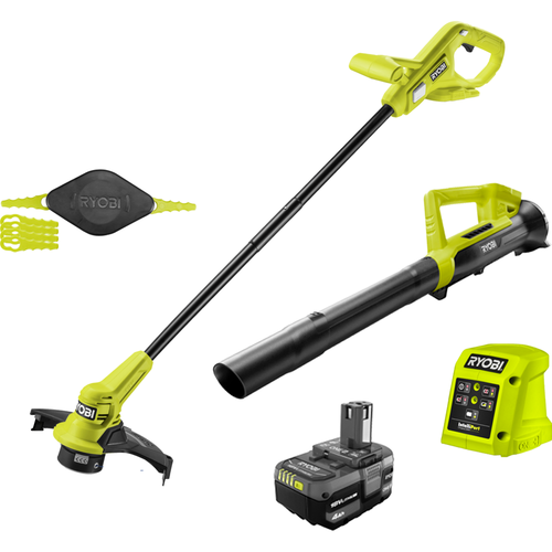 2 Piece Ryobi 18V ONE+ Cordless Electric Line Trimmer Leaf Blower 4Ah ...