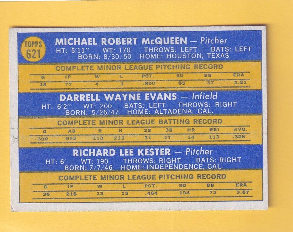 1970 Topps #621 Mike McQueen/Darrell Evans/Rick Kester Braves VG/EX RC ...