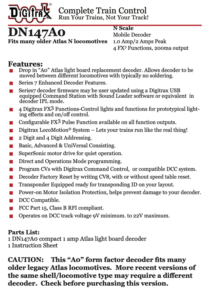 Digitrax DN147A0 DCC Mobile Decoder for older Atlas N scale | $5 Offer ...