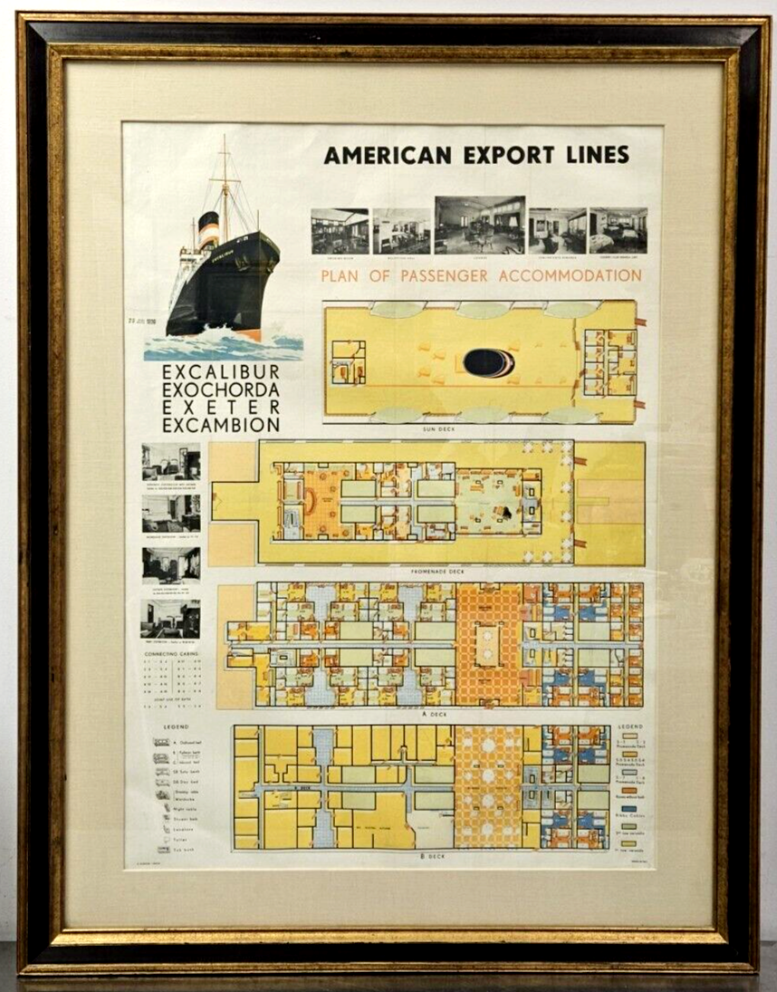Rare AMERICAN EXPORT LINES 1932 Four Aces Color Coded POSTER Passenger DECK PLAN | eBay