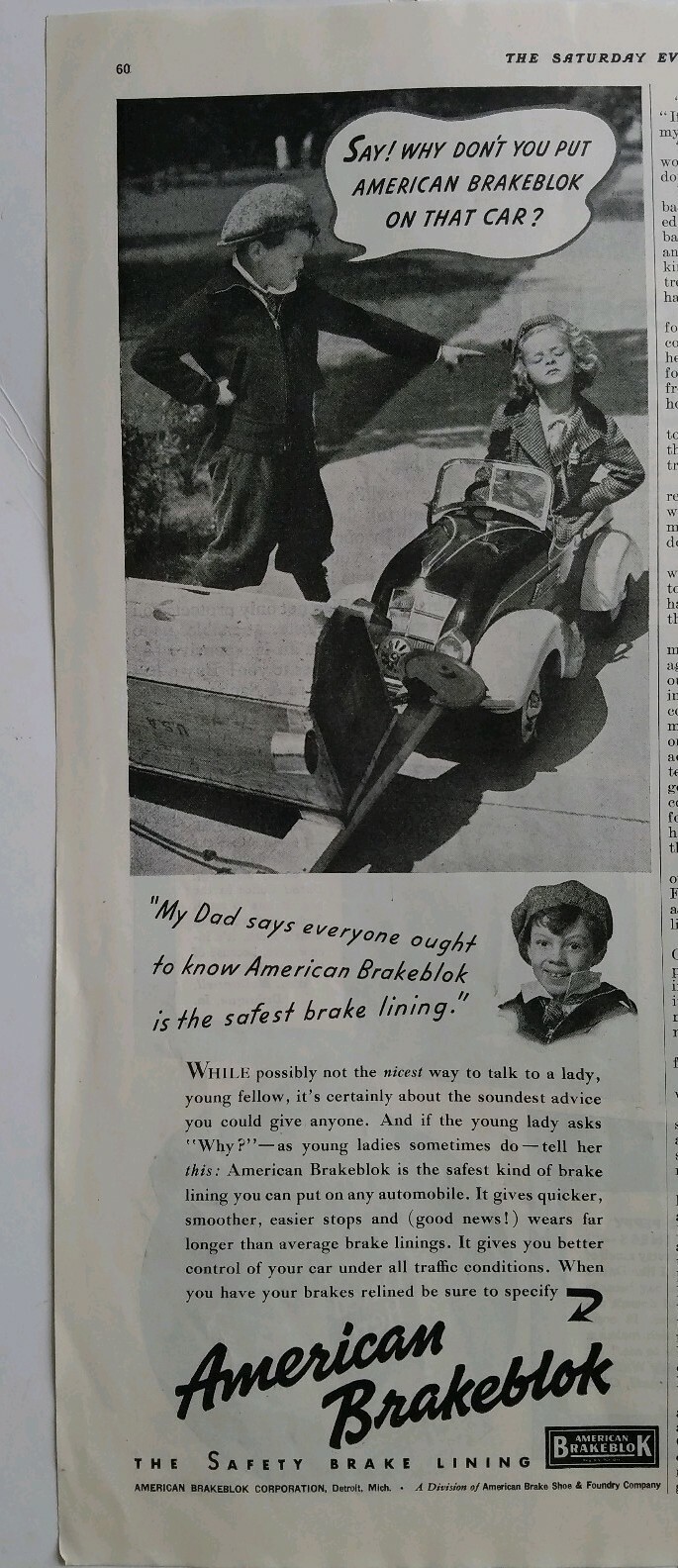 1937 American brakeblok safety brake lining girl vintage pedal car ad ...