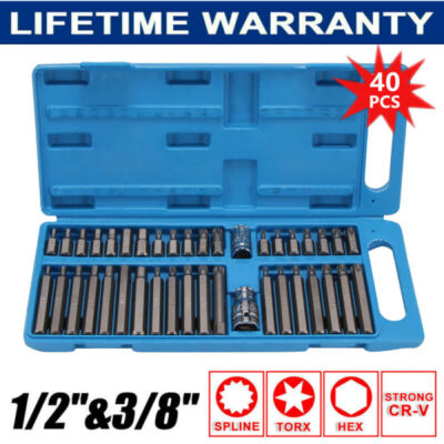 40 Pc Torx ,Star, Spline, Hex, Socket, Bit Set 3/8 Inch & 1/2 Inch ...