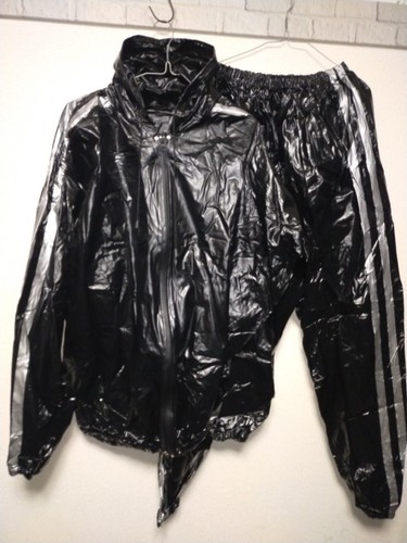 Black PVC plastic tracksuit saunasuit rainwear front zip jacket pants ...