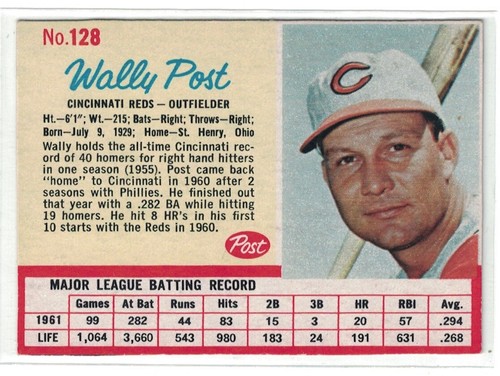 1962 Post #128, Wally Post, Cincinnati Reds, No Creases | eBay