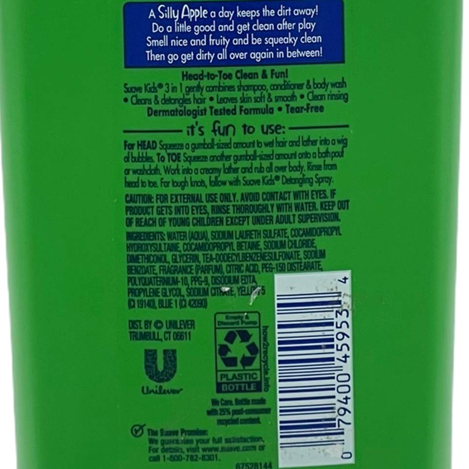 4 Pack Suave Kids 3 in 1 Shampoo Conditioner Body Wash Silly Apple 18 ...