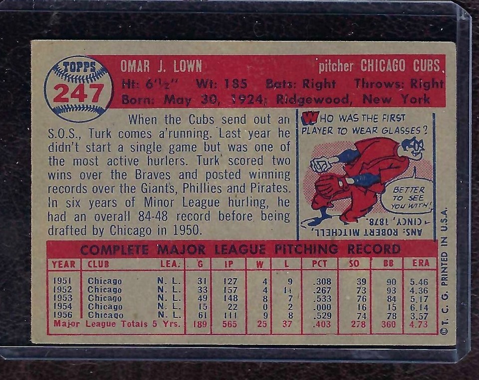 1957 Topps Baseball Card #247 Turk Lown, Chicago Cubs, EX-MT! | eBay