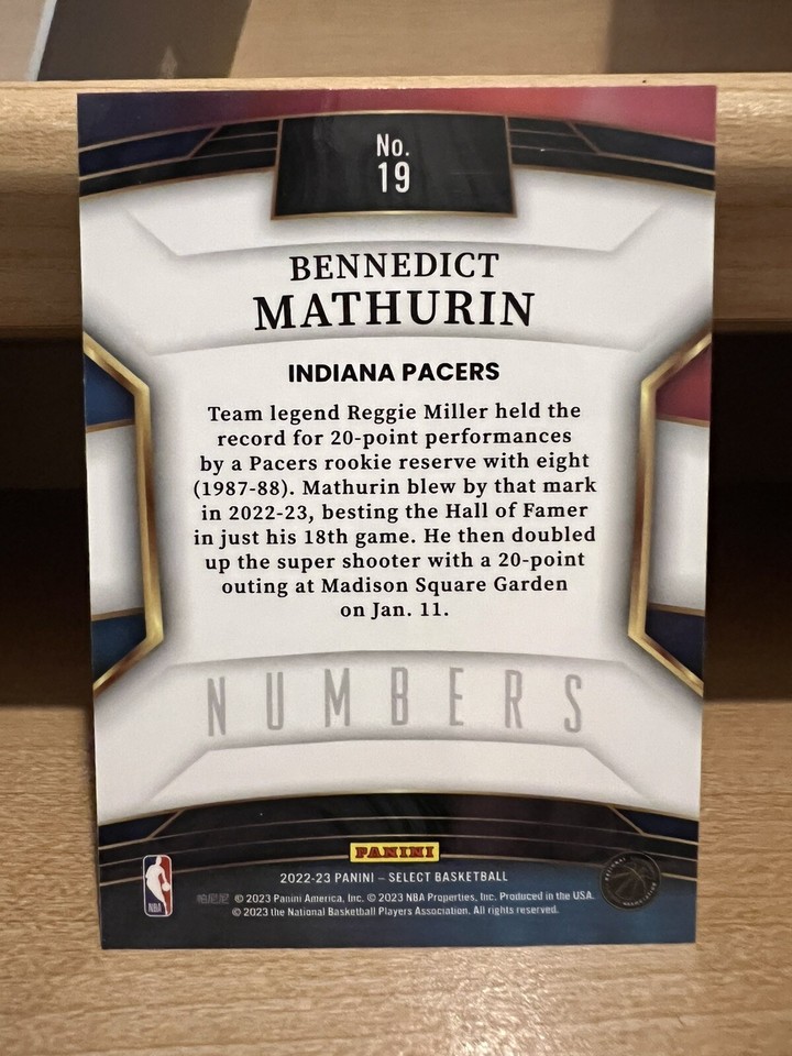 2022-23 Panini Select NBA Bennedict Mathurin Numbers Pacers Rookie Card ...