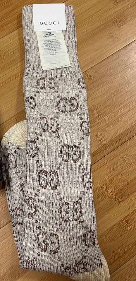 GUCCI Calf Socks GG Pattern Cotton Blend Socks Light Brown Size M 24cm ...