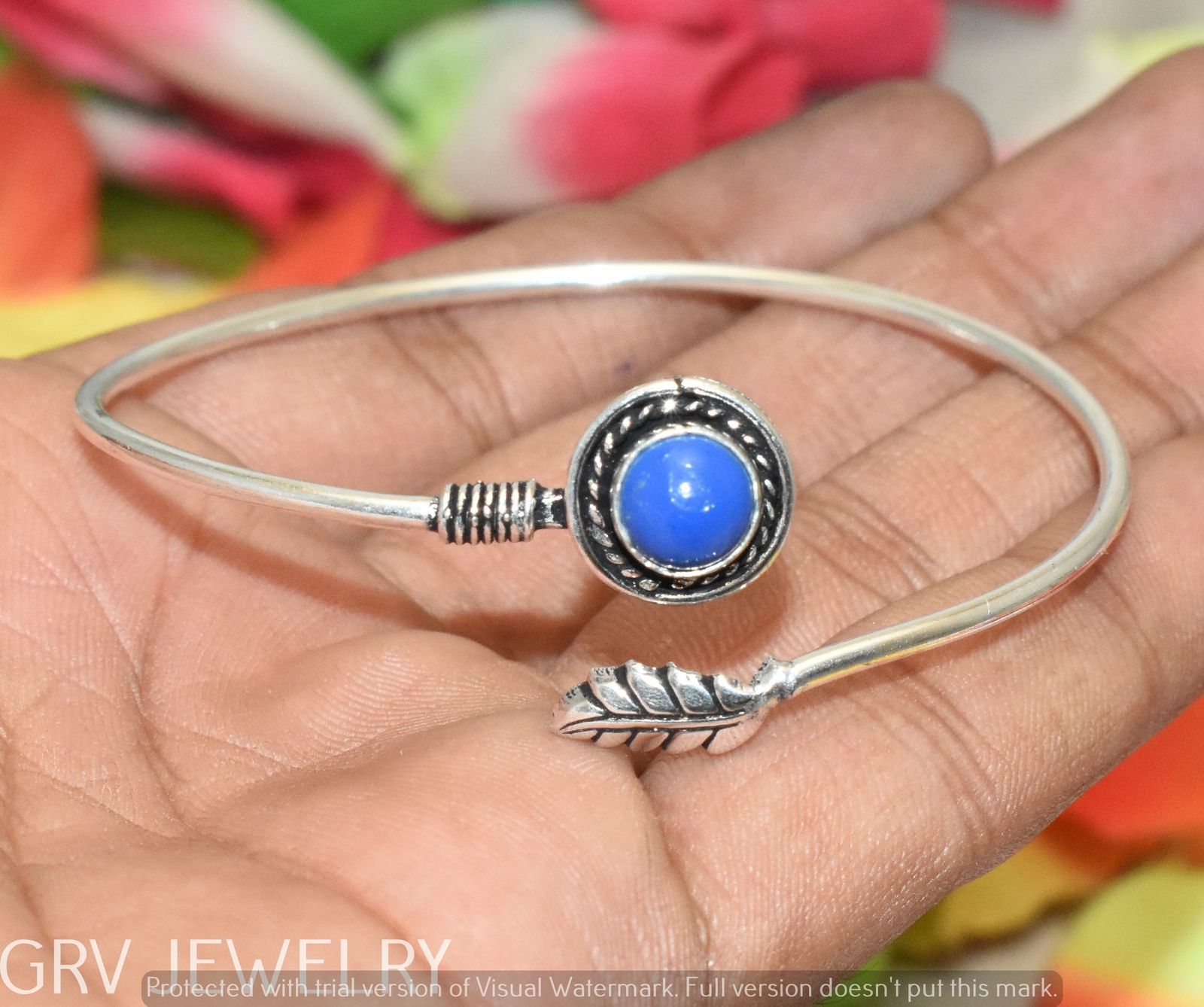 Blue Onyx Gemstone Leaf Style Cuff Bracelet 925 Silver Plated U289-B141 | eBay