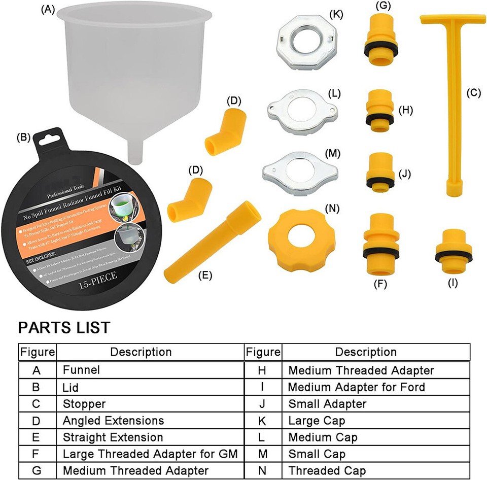 Spill Proof Radiator Coolant Filling Funnel Kit 15-pcs Cooling System ...