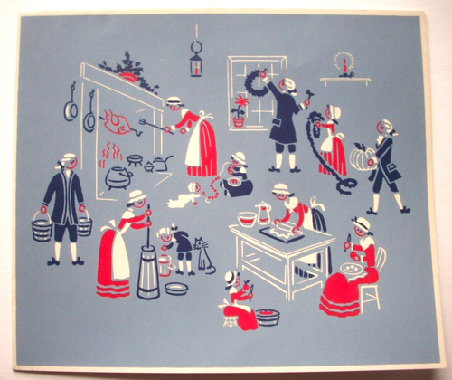 Colonial family getting ready unsigned vintage Christmas greeting card ...