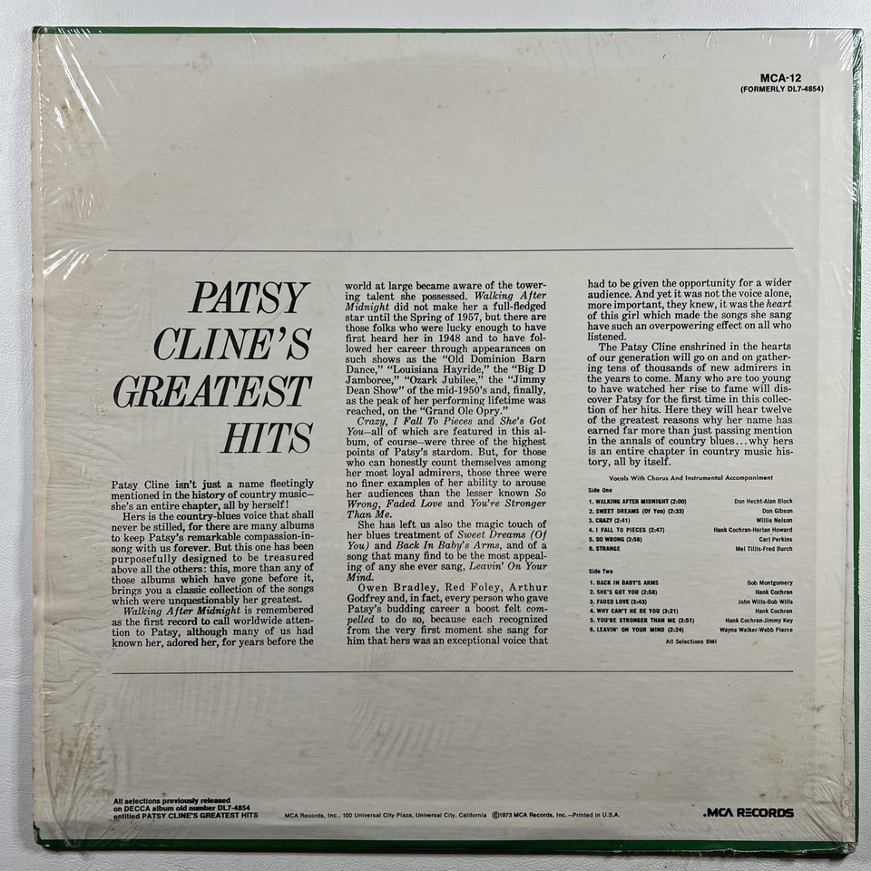 Patsy Cline “Patsy Cline's Greatest Hits” LP/MCA-12 1980 (VG+) Reissue ...
