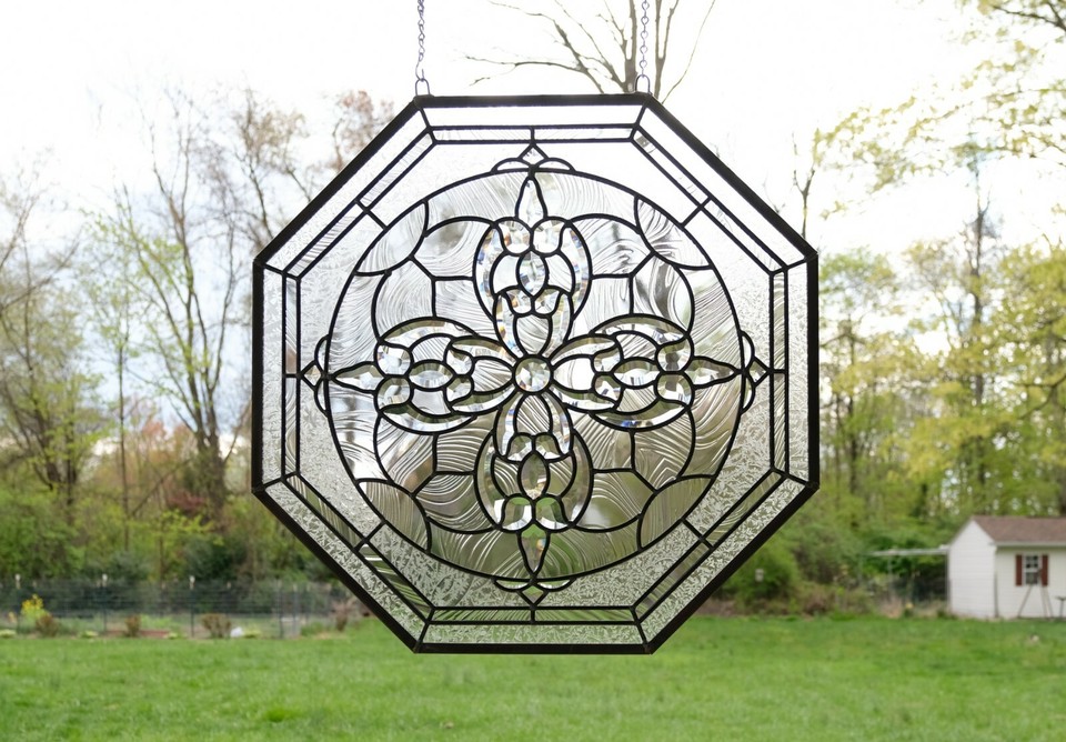 All Clear stained glass Octagon Beveled glass window panel 24" x 24" | eBay