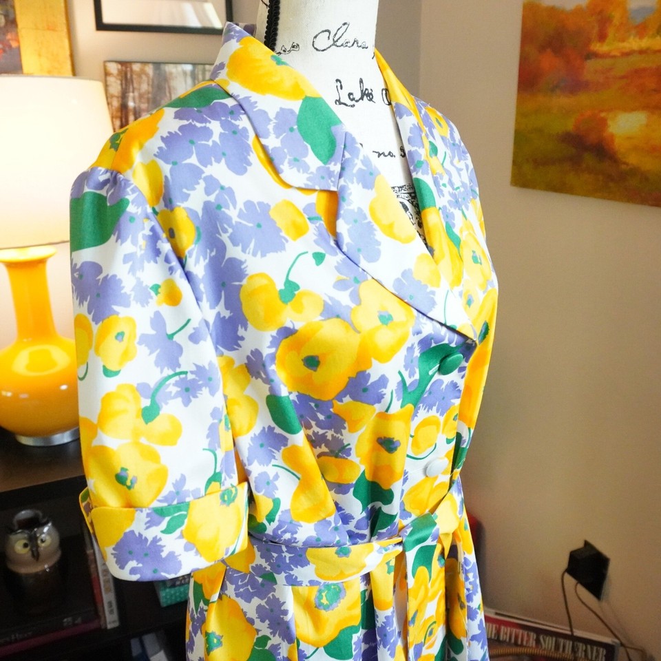 VTG Gene Roye Floral Print Dress Short Sleeve Belted Button front Size ...