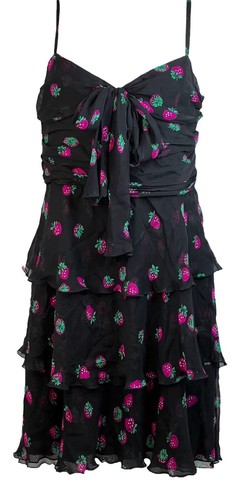 Aeffe Black Ruffle Tiered Strawberry Spaghetti Strap Bow Tie Dress Size ...