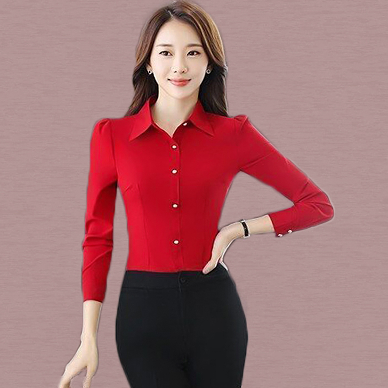 Lady Blouse Commute Daily Wear Solid Color Long Sleeve Lady Blouse Soft ...