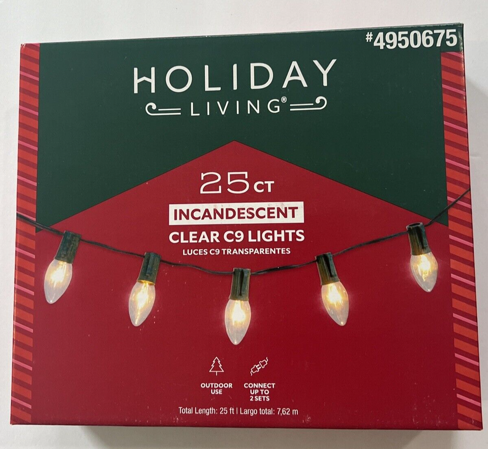 Holiday Living 25Ct Clear Incandescent C9 Lights, 25Ft Length New ...