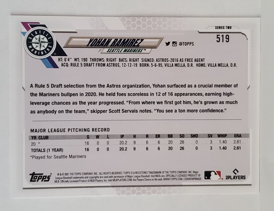 2021 Topps #519 Yohan Ramirez RC Seattle Mariners | eBay