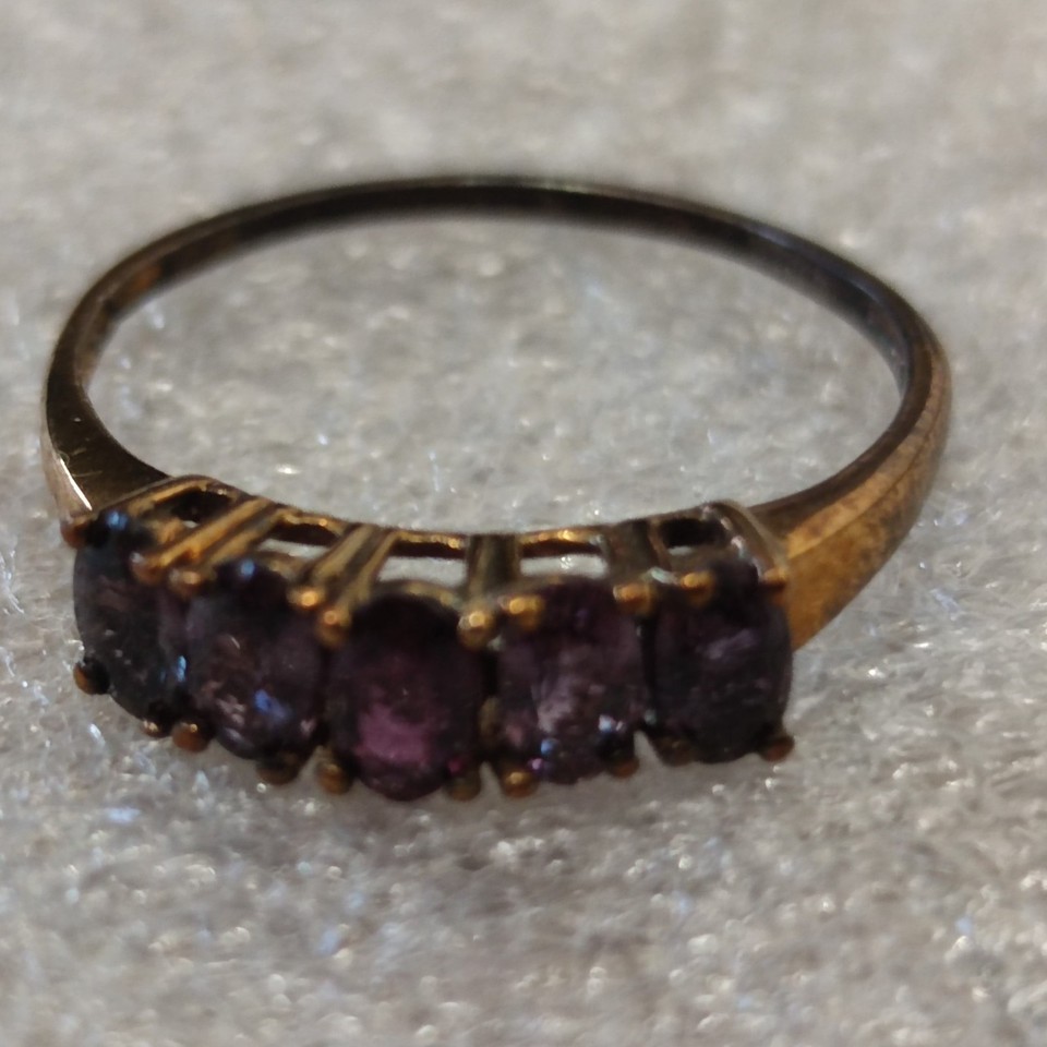 Antique 9ct Yellow Gold Ring Amethyst Stones Full UK Hallmark Ring Size ...