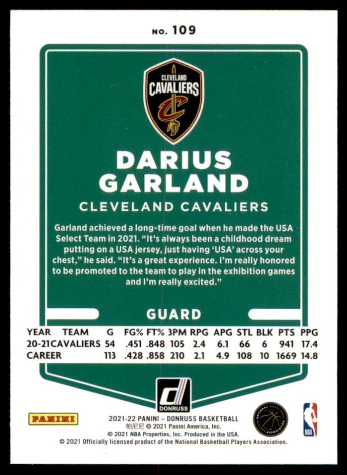 2021-22 DONRUSS PAPER DARIUS GARLAND RC CLEVELAND CAVALIERS #109 | eBay
