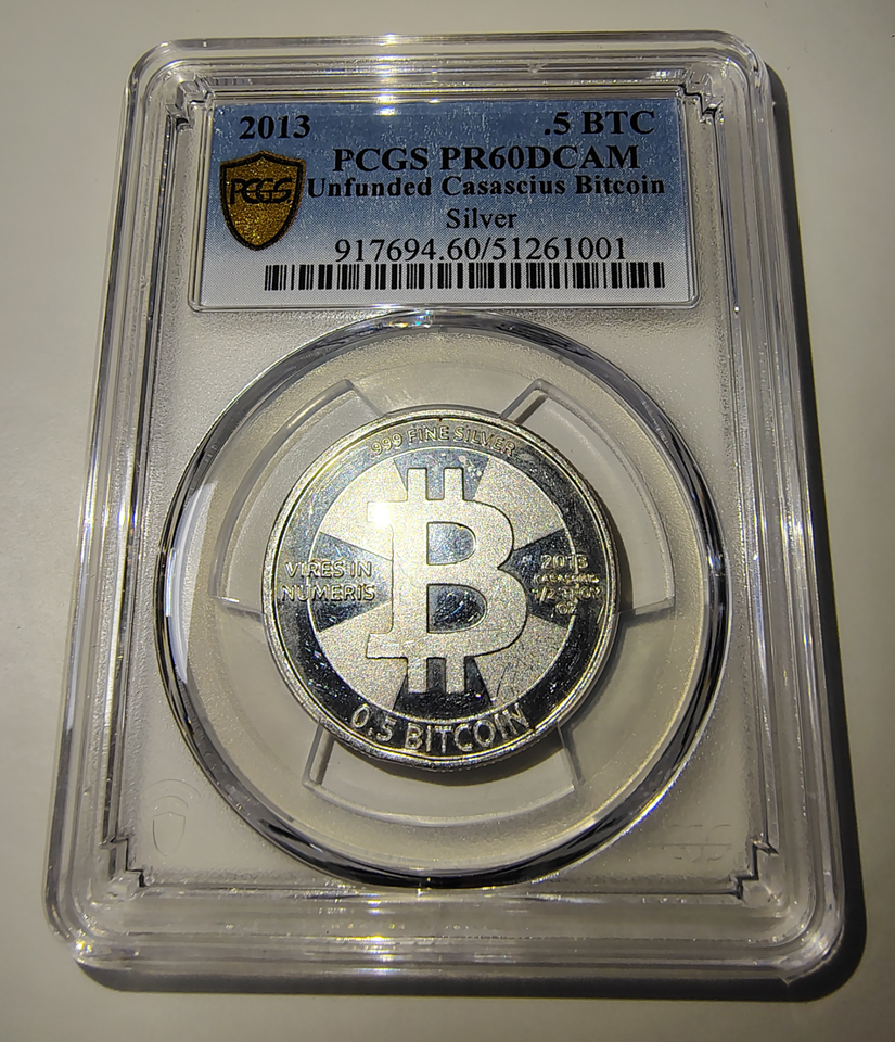 Casascius 0.5 BTC PR60 SILVER not funded 2013 Physical Bit Coin graded ...