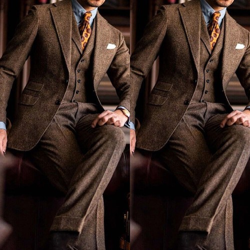 Men's Suits Brown Wool Formal Business Wedding Groom Tuxedos 3 Pieces ...