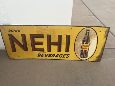 VTG Drink NEHI Bev Soda TinMetal Embossed Ad Sign 43”x 17”Donaldson Art ...