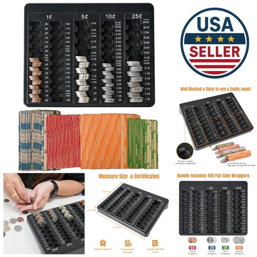 Efficient Black Coin Counter Tray with Labeled Compartments & Wrappers ...