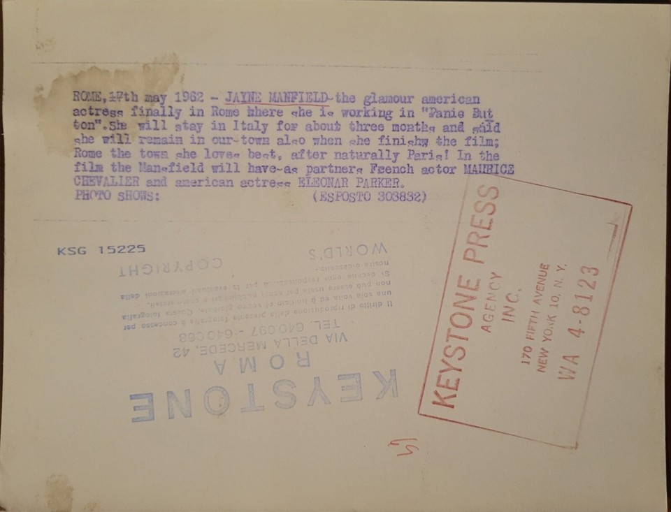 Jayne Mansfield In Rome For Panic Button 1962, Original Type 1 Photo ...