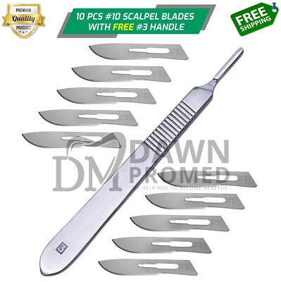 10 Sterile Surgical Blades #10 with FREE BP Scalpel Handle #3 Medical ...
