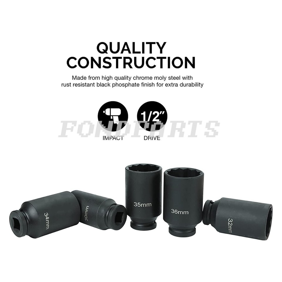 5pcs 12 Point Metric 1/2'' Deep Spindle Axle Nut Socket Set 30 32 34 35 ...