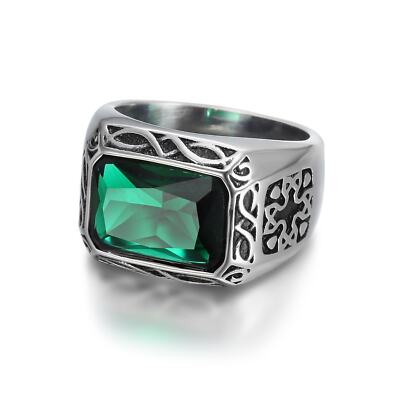 Cool fashion 316L stainless steel vintage silver ring green stone rings ...