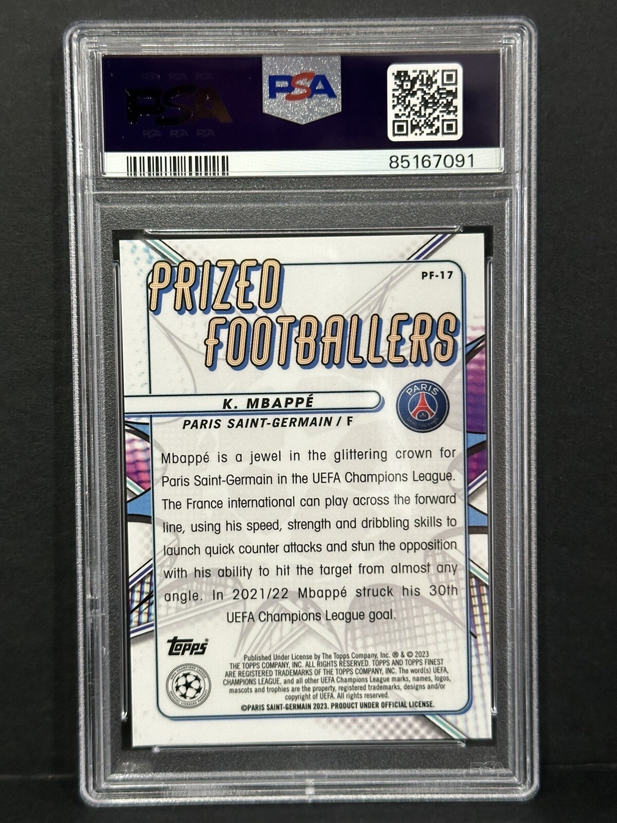 2022-23 Topps Finest UCL PSG Prized Footballers Kylian Mbappe Purple ...